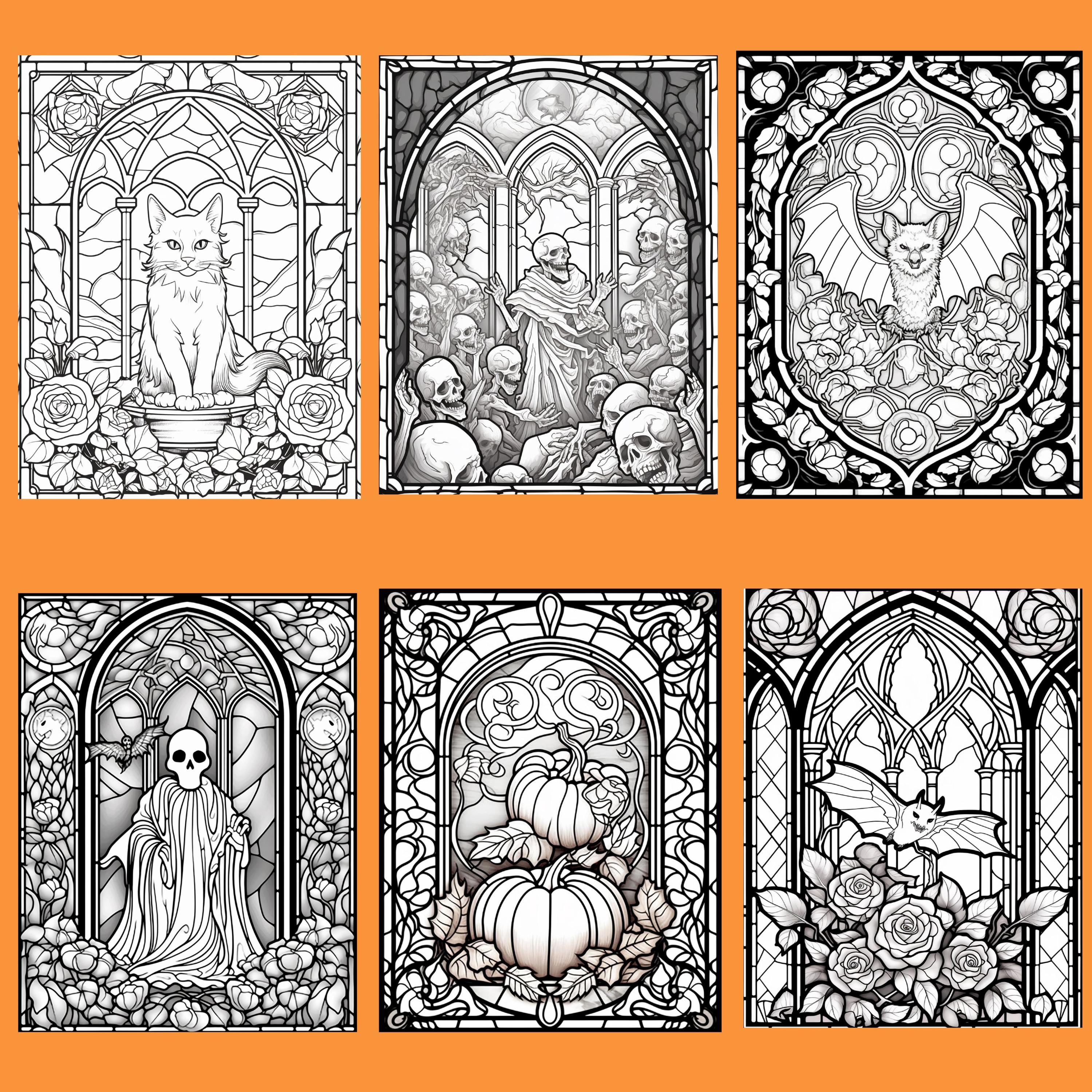 200 Halloween Stained Glass Coloring Pages, Spooky Designs (digital ...