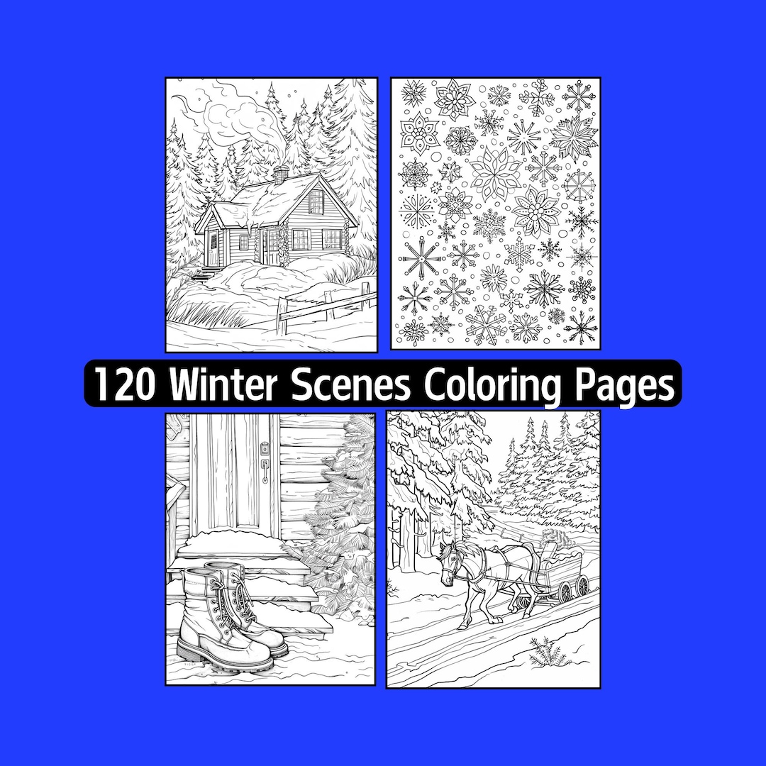 120 Winter Scenes Coloring Pages Book, Snow, Cabin, Ice Skating ...