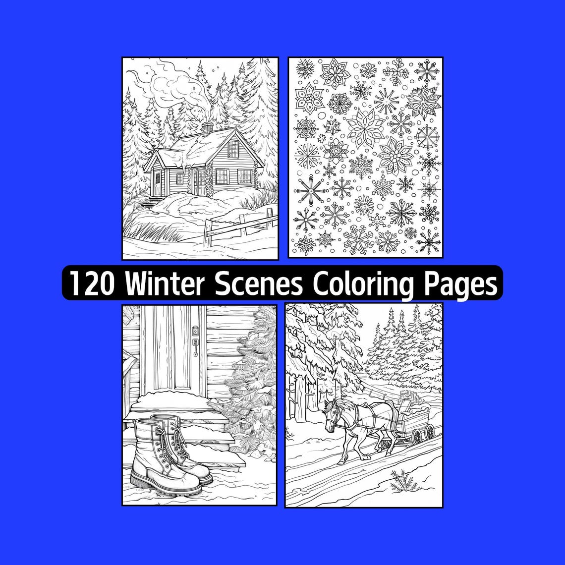 120 Winter Scenes Coloring Pages Book, Snow, Cabin, Ice Skating ...