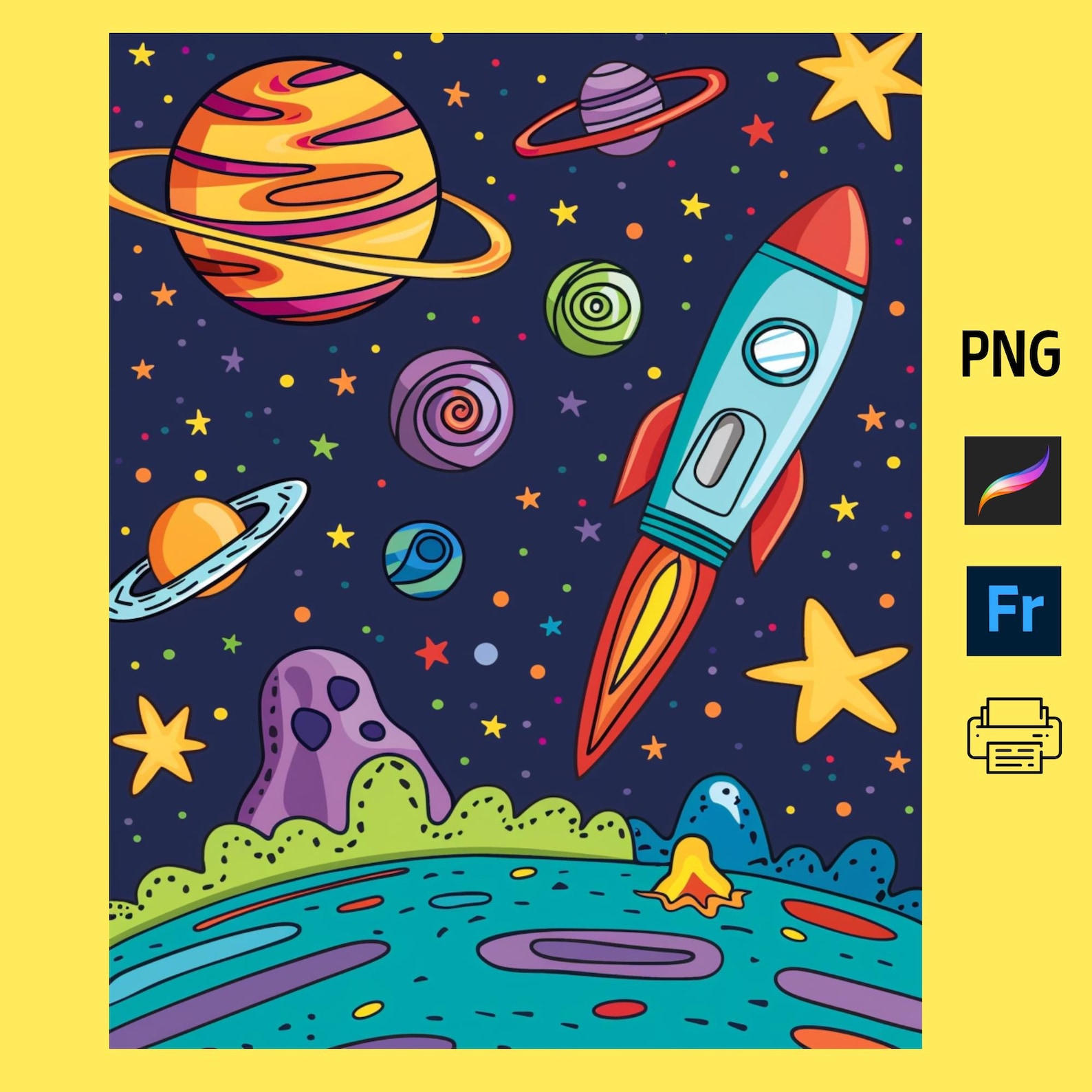 146 Outer Space Coloring Pages, Printable, Digital, Download, Paint ...