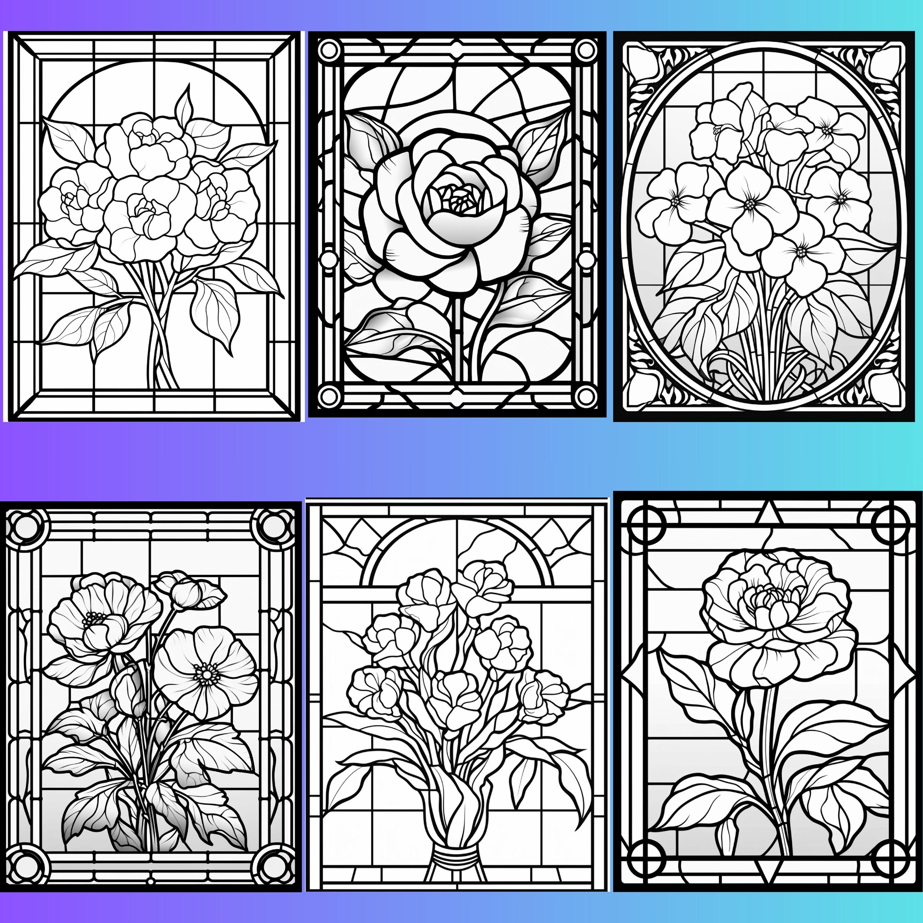 200 Stained Glass Flower Coloring Pages, Floral Pattern (digital ...