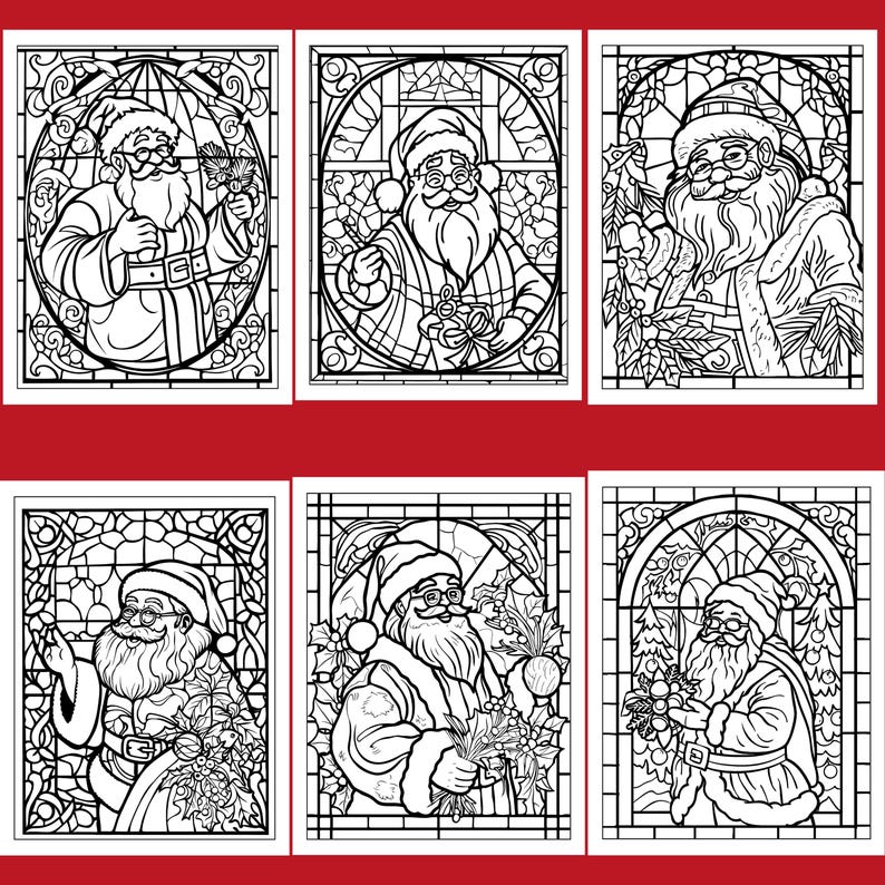 100 Stained Glass Santa Coloring Pages, Christmas Ornaments (digital ...