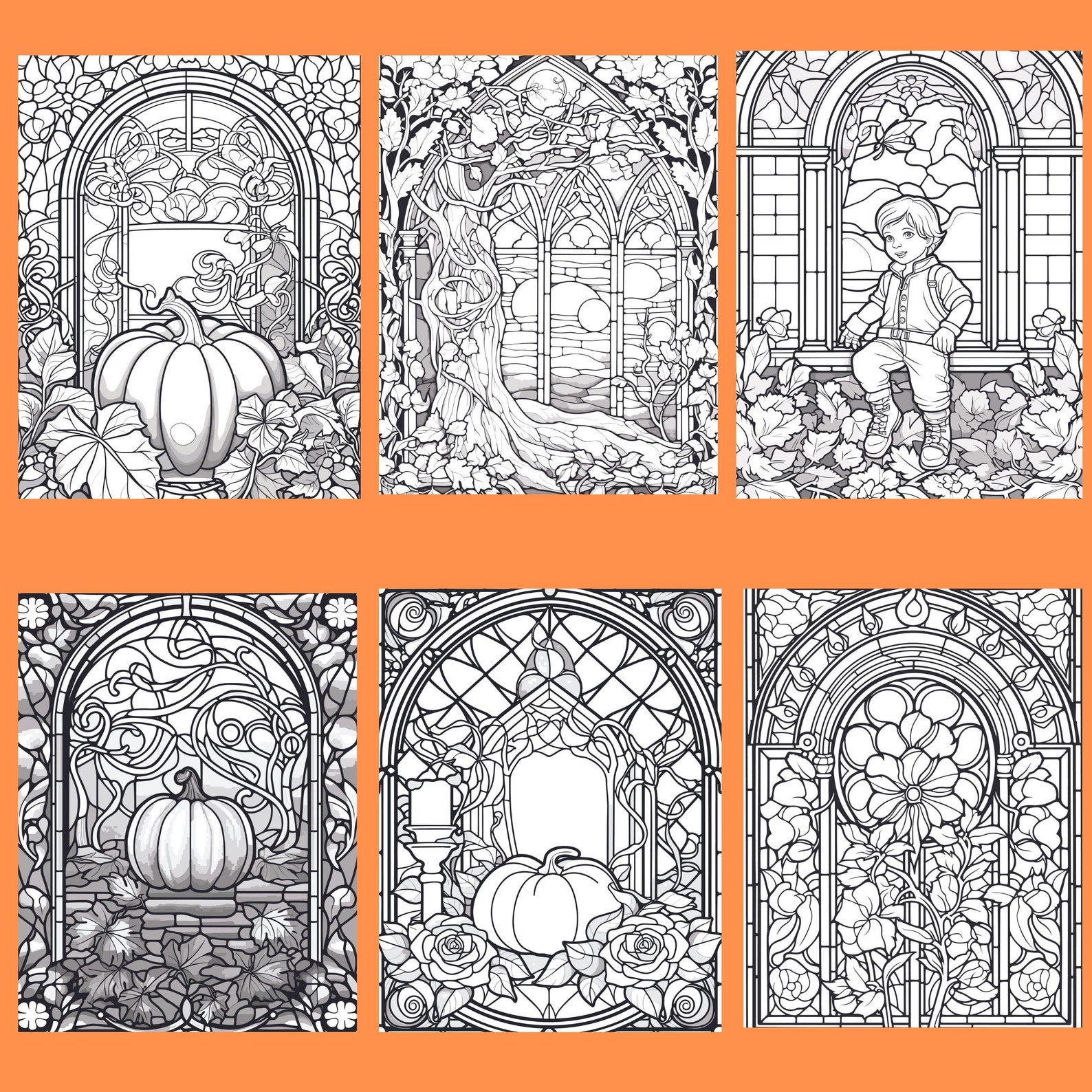 100 Autumn Stained Glass Coloring Pages, Fall Designs (digital Download ...