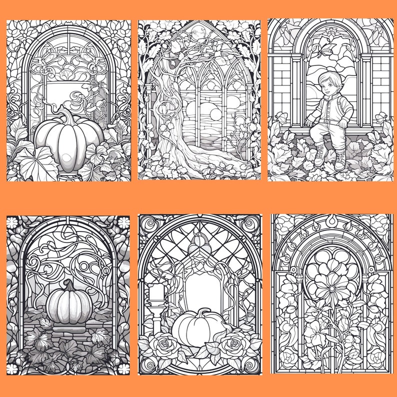 100 Autumn Stained Glass Coloring Pages, Fall Designs (digital Download ...