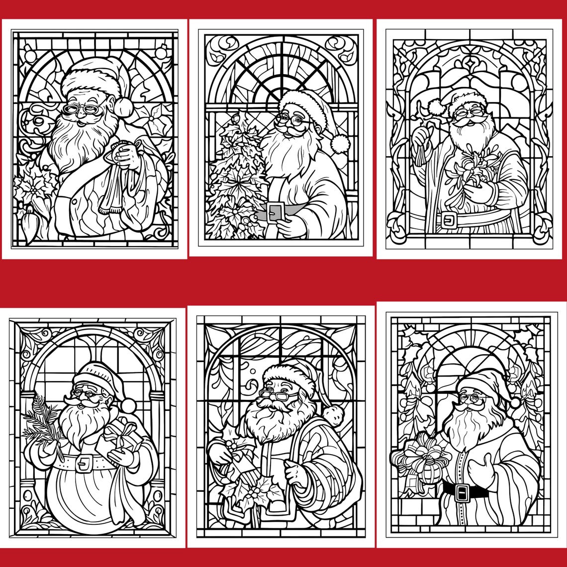 100 Stained Glass Santa Coloring Pages, Book, Printable, Instant ...