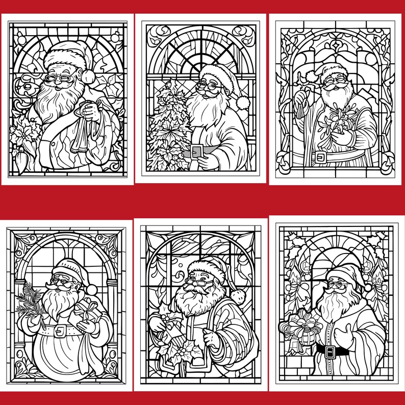 100 Stained Glass Santa Coloring Pages, Christmas Ornaments (digital ...