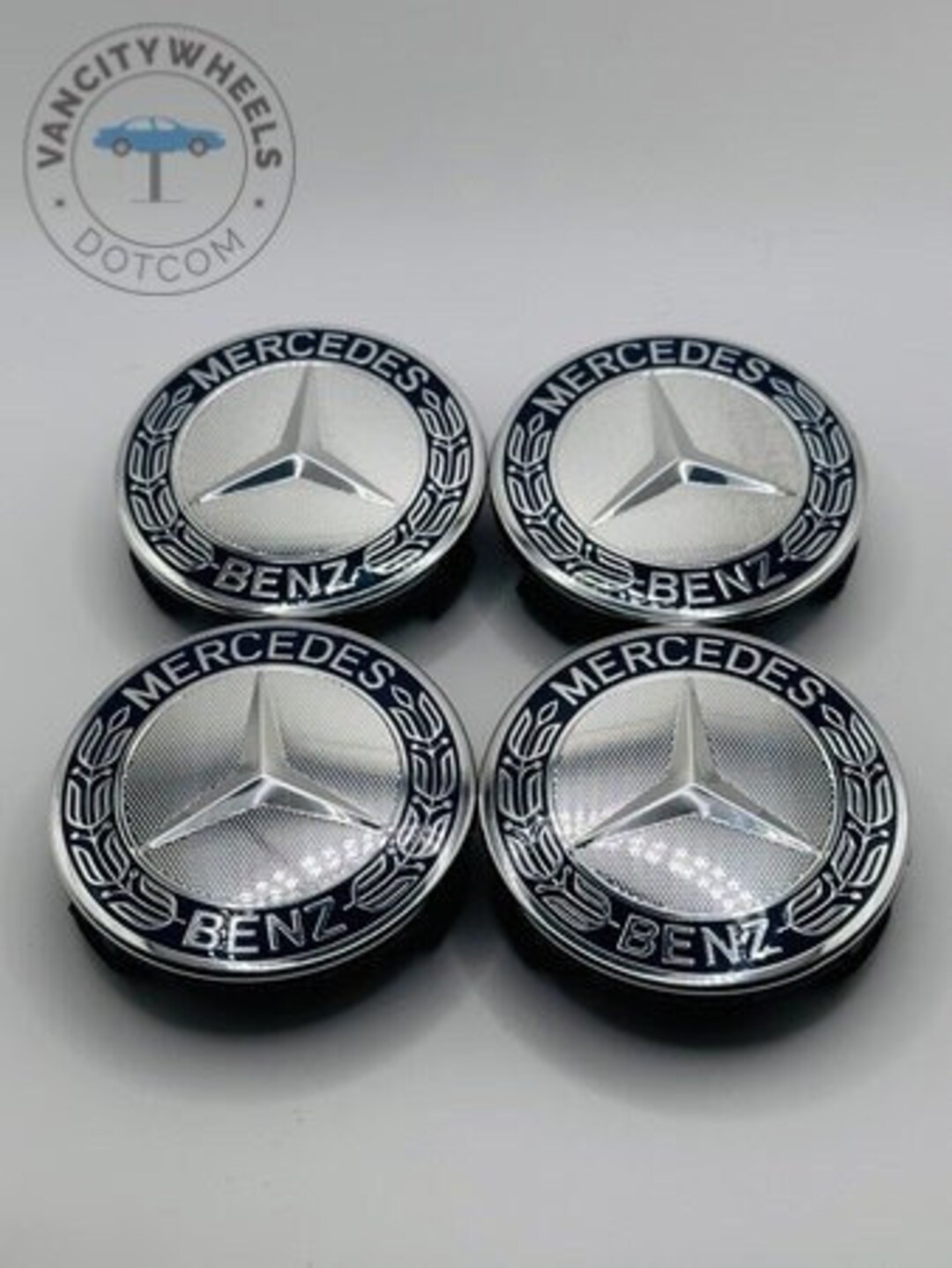 Set of 4 Chrome/dark Blue Mercedes Benz Alloy Wheel Center Caps 74mm ...