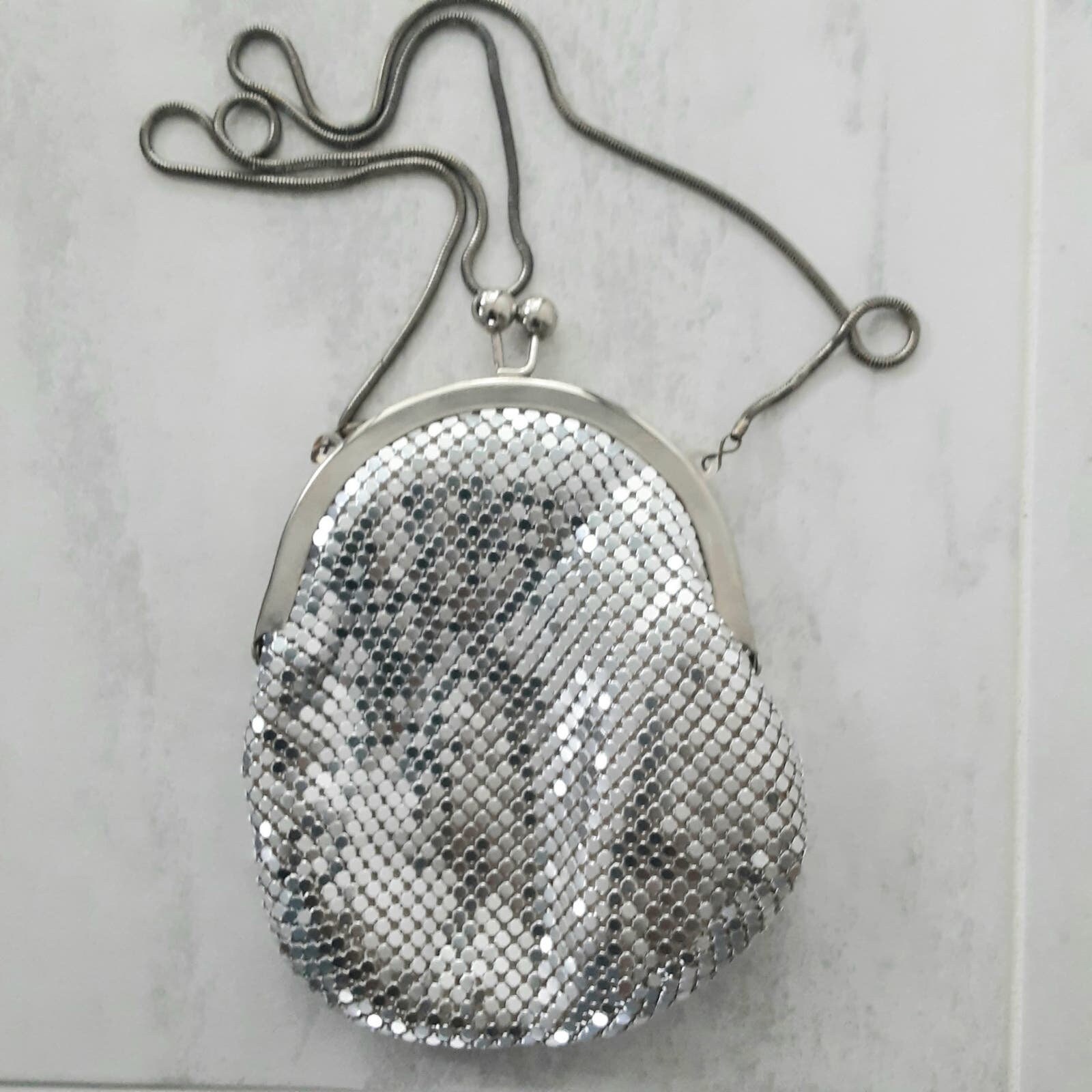 Vintage Silver Metallic Mesh Purse, Small, Crossbody, Snake Chain ...