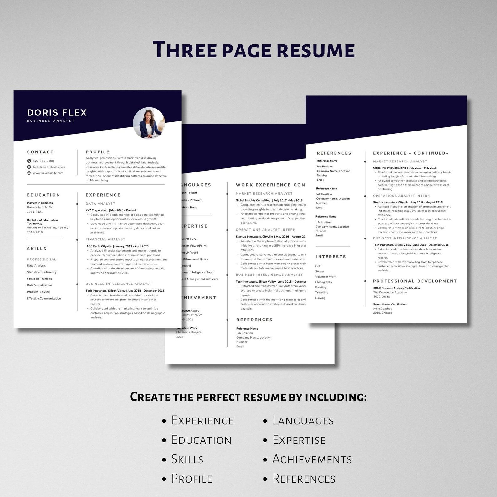 Resume Template Three Page Resume Editable Custom Analyst Resume ...