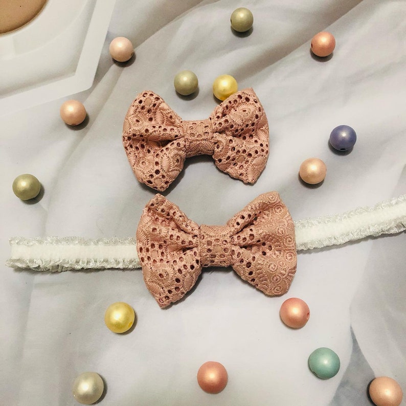 Set of 2 Peach Sweet Flora Lace Bow, Alligator Clip, Lace Headband,lace ...