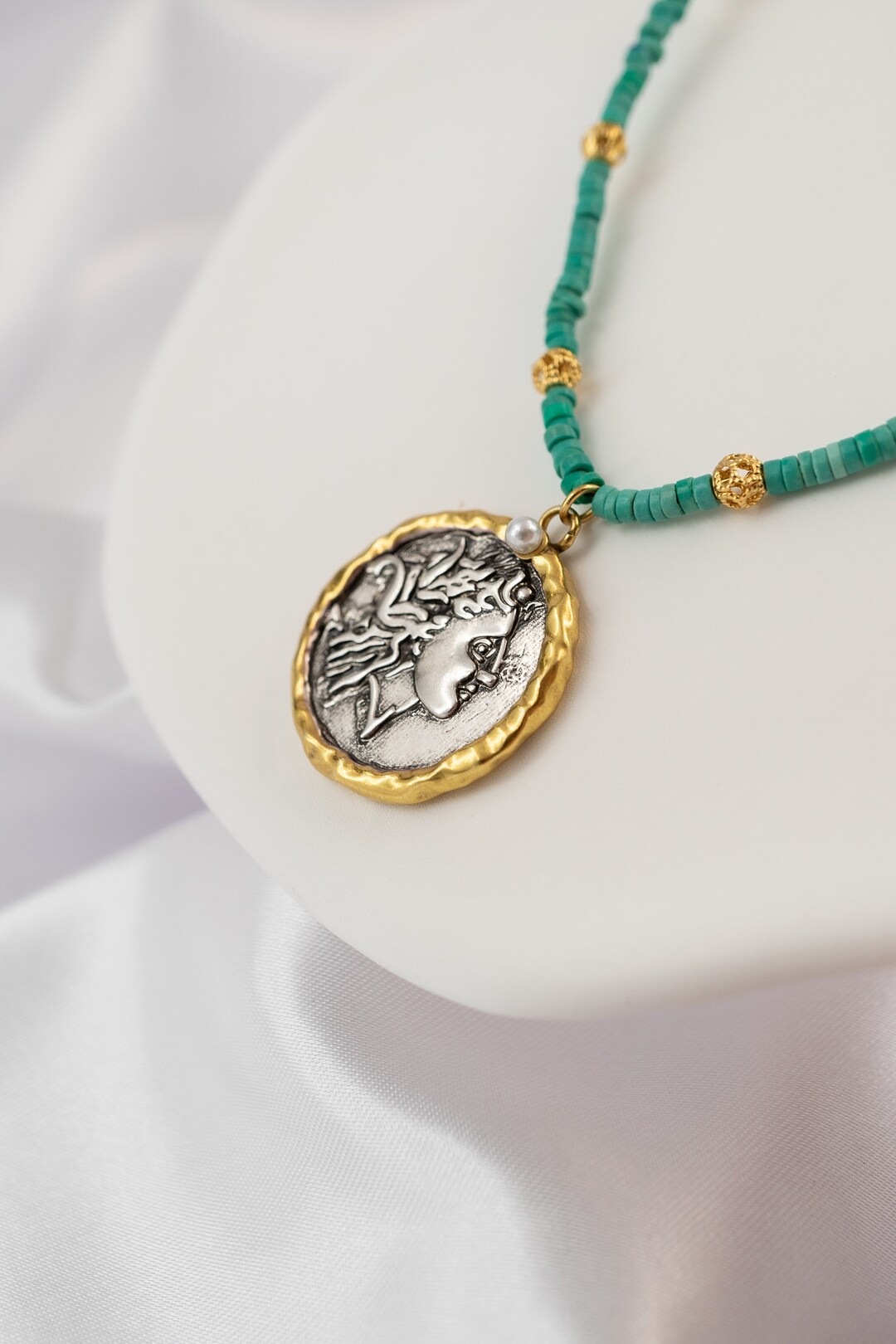 Handmade Athena Badge Pendant: Turquoise & Pearl Necklace - Etsy