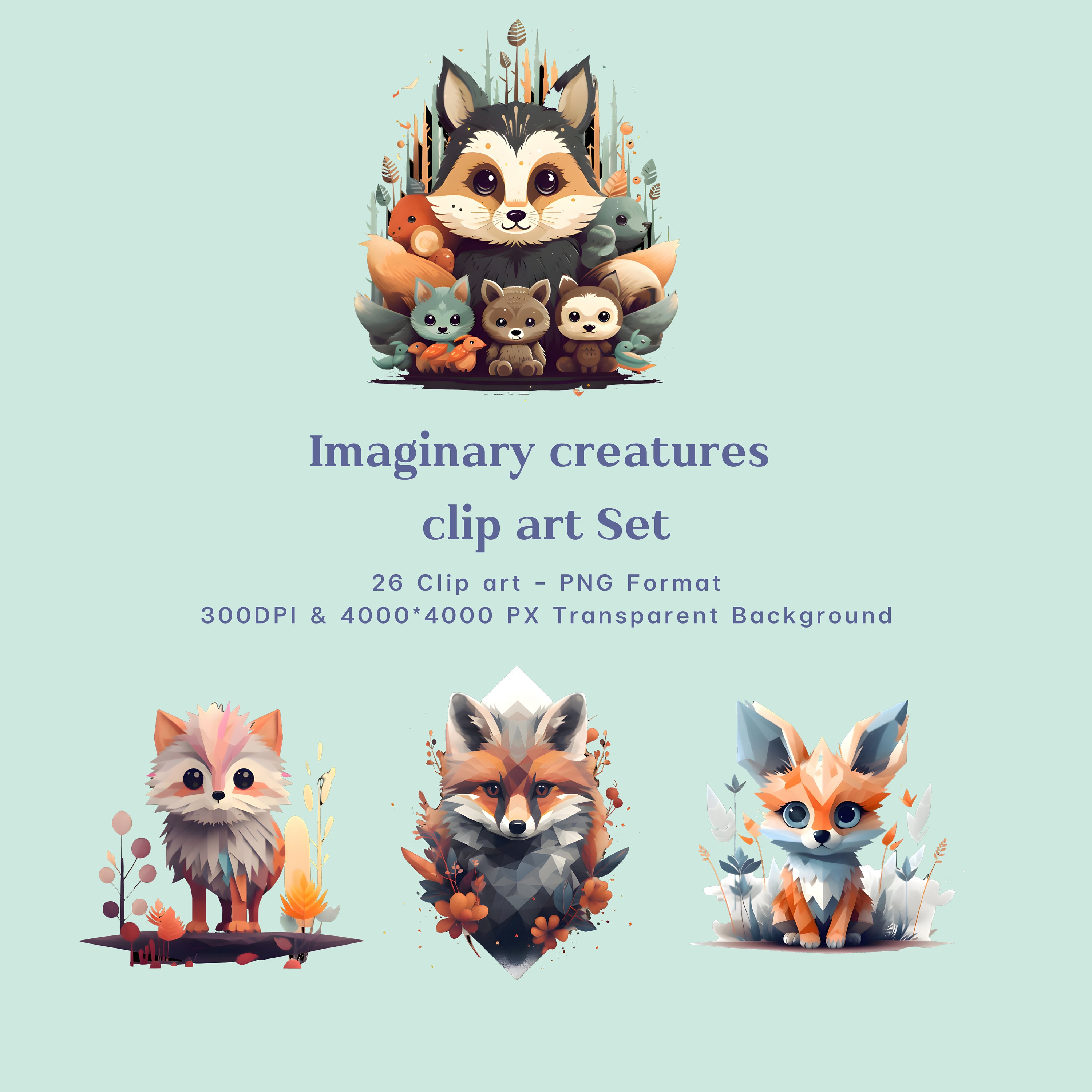 Imaginary Creatures Clipart - 26 Clip Art PNG | 300 DPI | 4000*4000 ...
