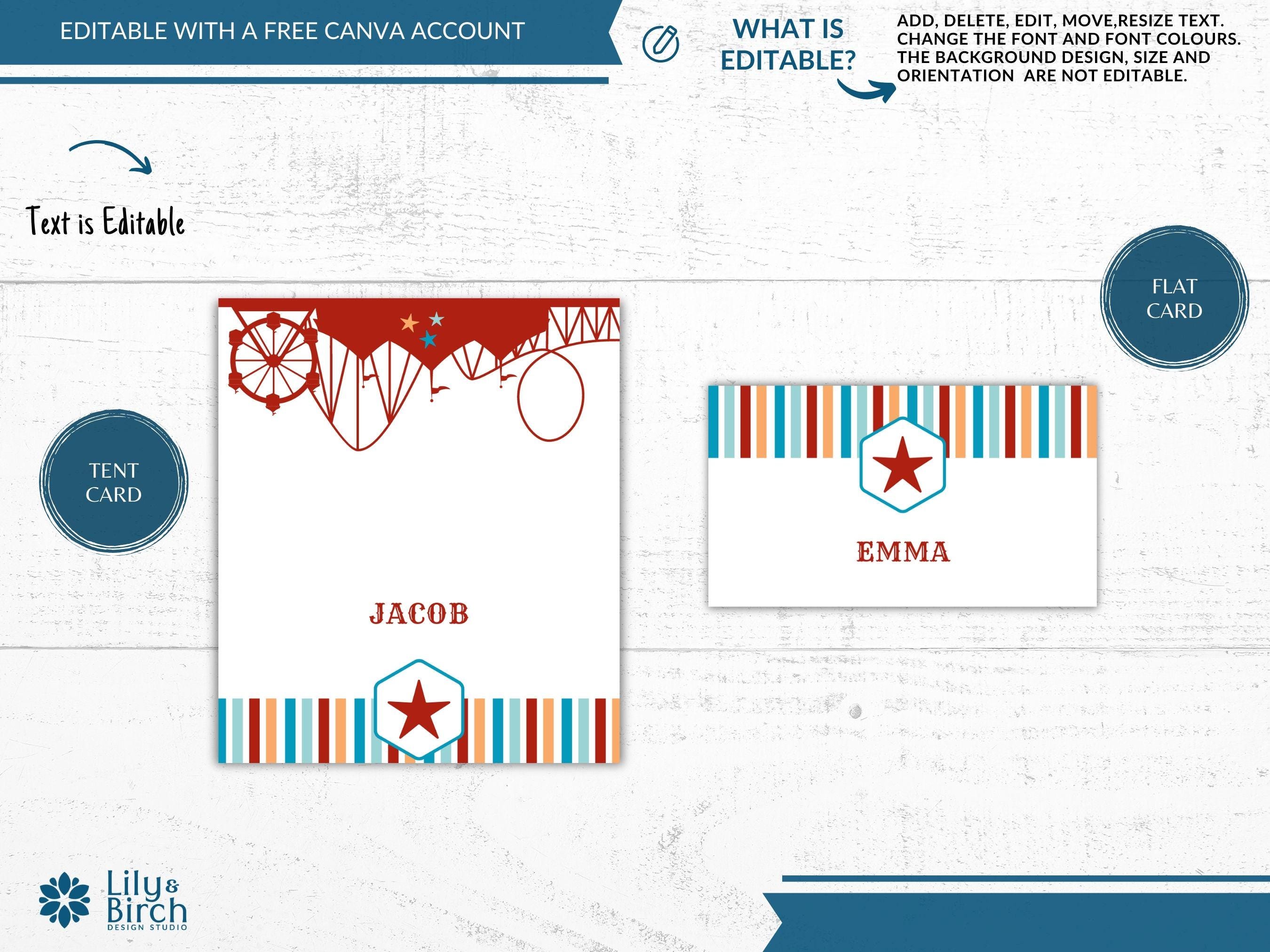 Editable Carnival Birthday Party Place Card Template, Retro Carnival ...