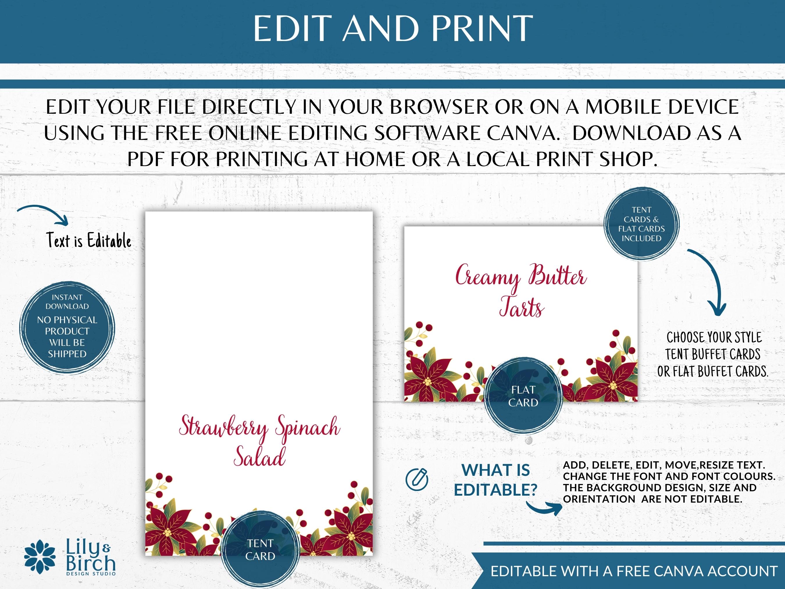 Editable Christmas Buffet Cards Template Holiday Poinsettia Buffet ...