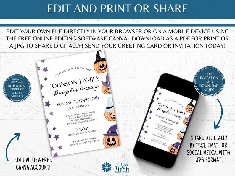 Pumpkin Carving Party Invitation, Watercolor Halloween, Editable ...