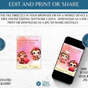 Editable Monkey Valentine Class Cards Printable Kids Exchange Cards ...