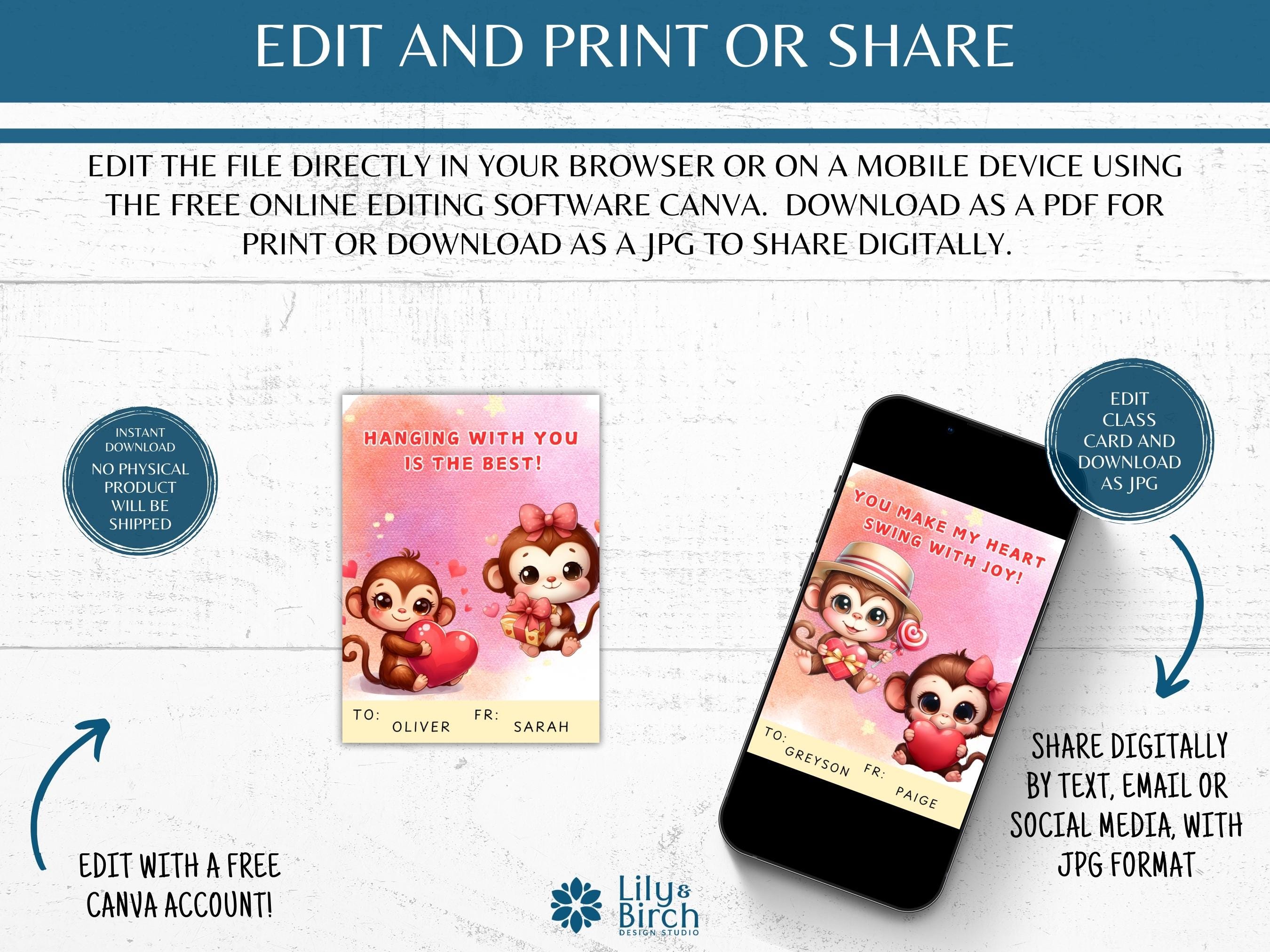 Editable Monkey Valentine Class Cards Printable Kids Exchange Cards ...
