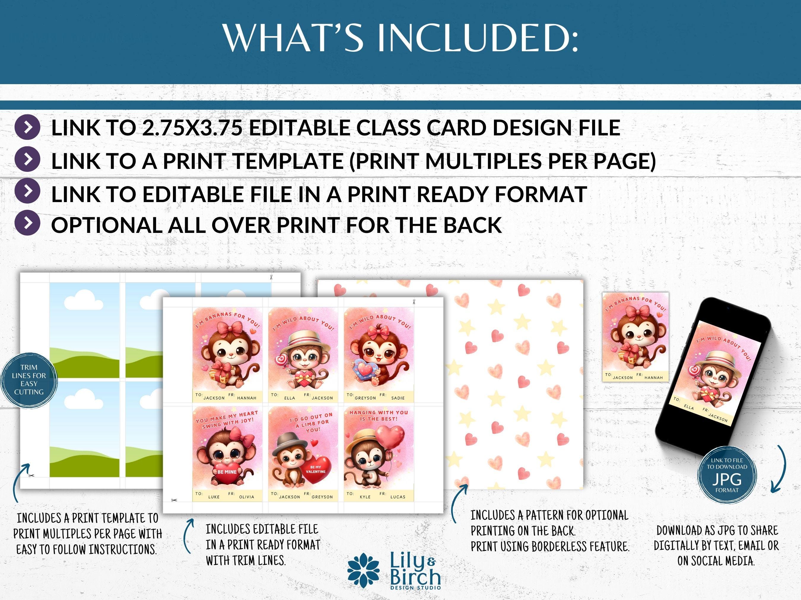 Editable Monkey Valentine Class Cards Printable Kids Exchange Cards ...
