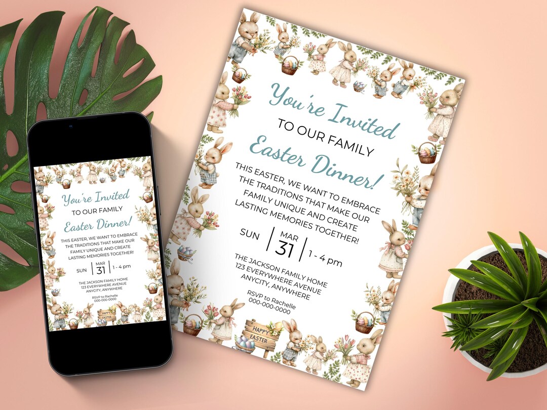 Editable Easter Dinner Invitation Template, Traditional Easter Bunny ...