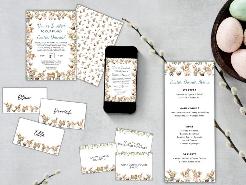 Editable Easter Dinner Invitation Bundle | Printable Menu & Place Cards ...