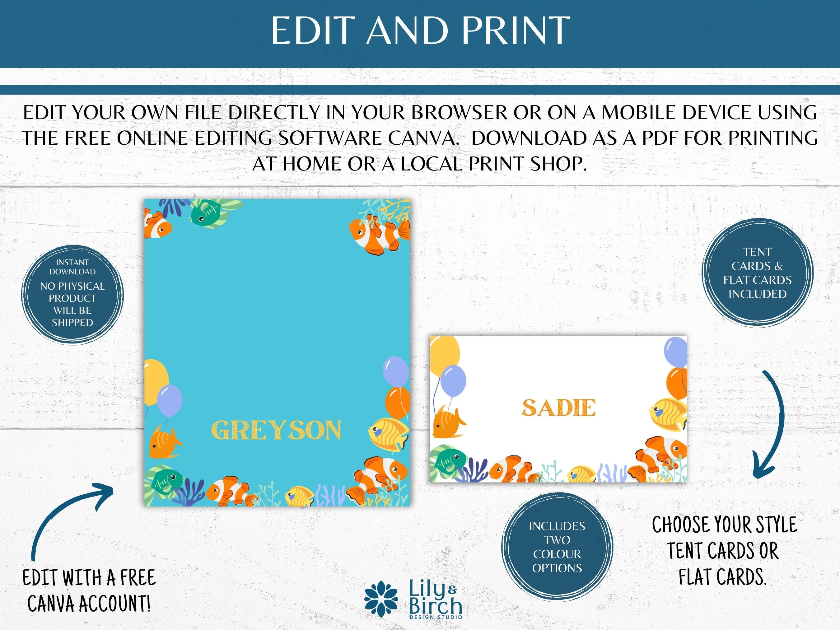 Editable Fishing Theme Kids Birthday Party Place Cards, Custom Birthday ...