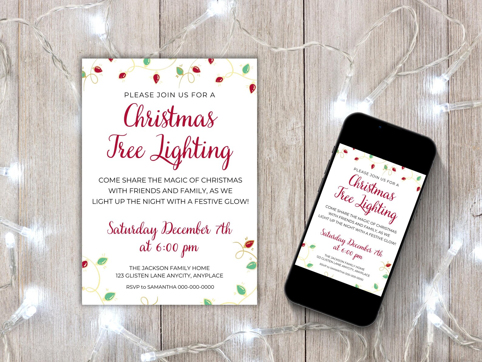 Editable Christmas Tree Lighting Invitation Simple Christmas Lights ...