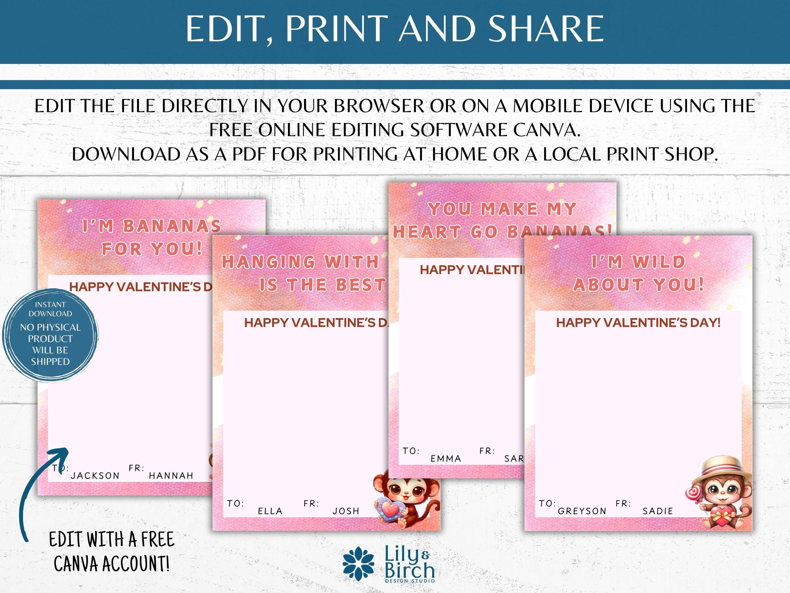 Editable Monkey Classroom Valentine Exchange Cards Printable Kids Cute ...