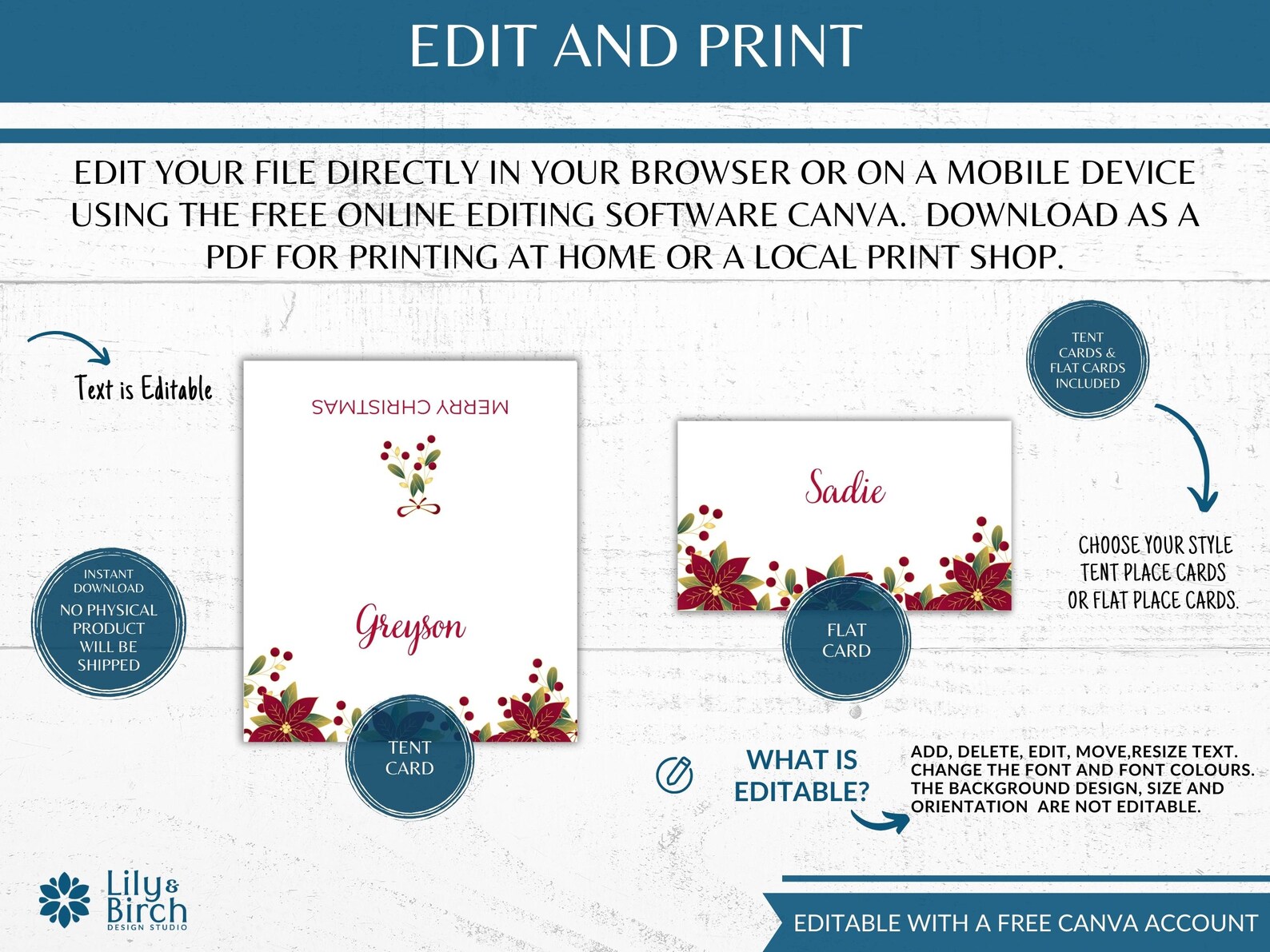 Poinsettia Christmas Place Cards | Editable Holiday Dinner (digital ...