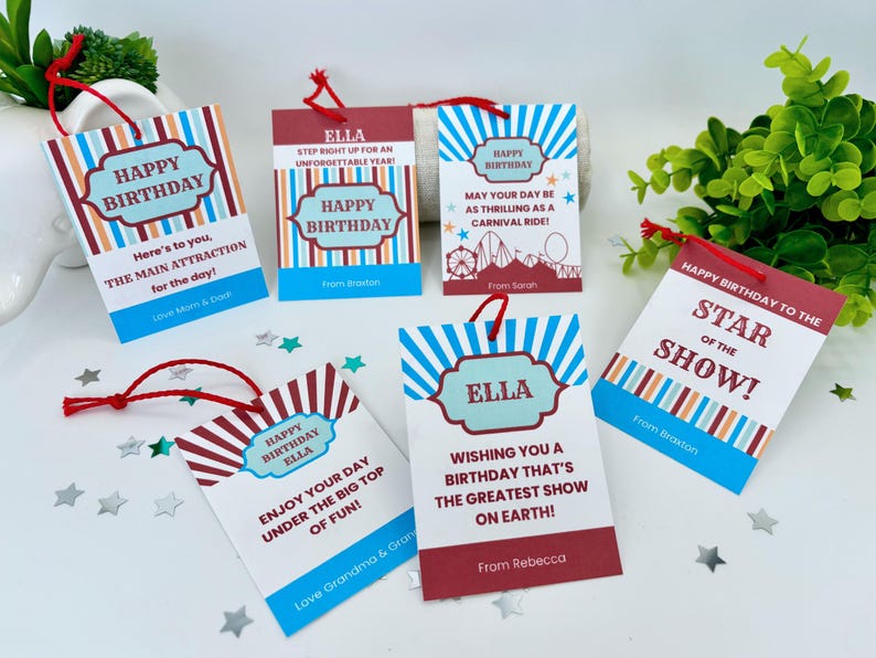 Retro Circus Themed Gift Tags Template, Vintage Carnival Birthday Party ...