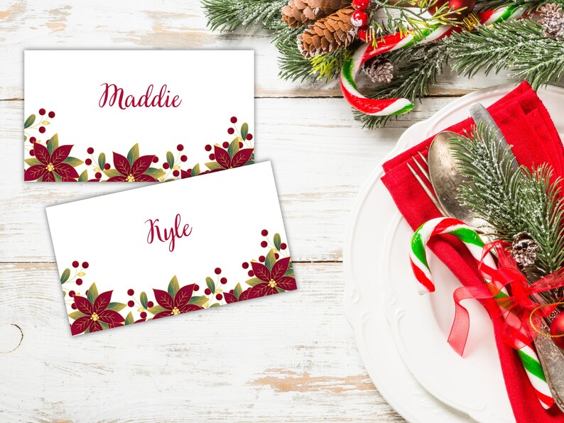 Poinsettia Christmas Place Cards | Editable Holiday Dinner (digital ...