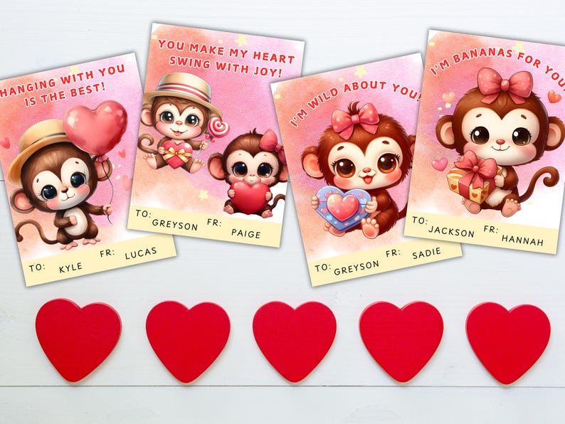 Editable Monkey Valentine Class Cards Printable Kids Exchange Cards ...