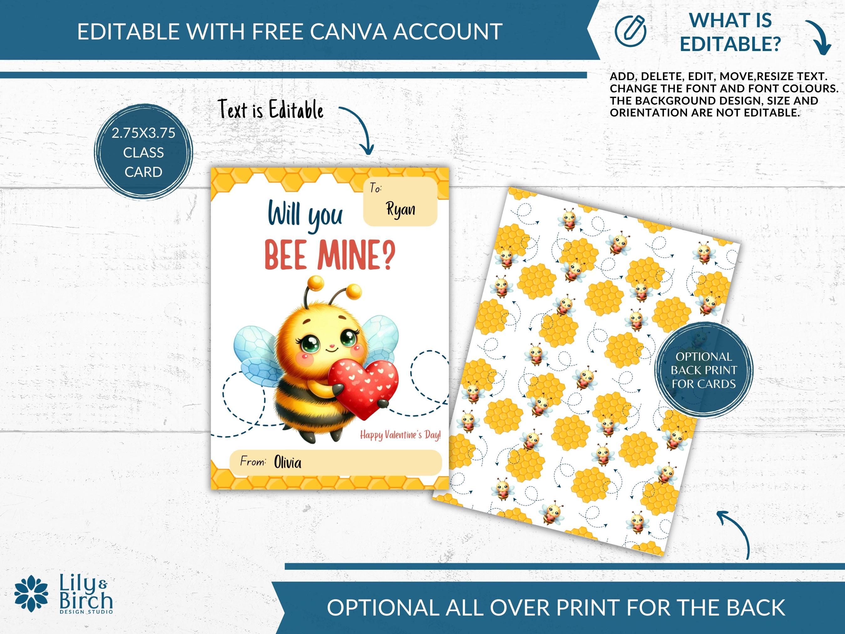 Editable Bee Mine Valentine Class Card Cute Bee Printable Valentines ...