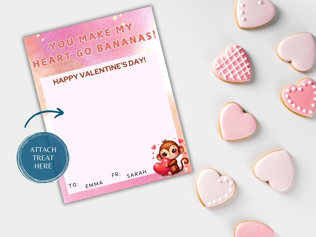 Editable Monkey Classroom Valentine Exchange Cards Printable Kids Cute ...