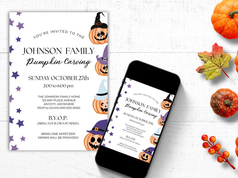 Pumpkin Carving Party Invitation, Watercolor Halloween, Editable ...