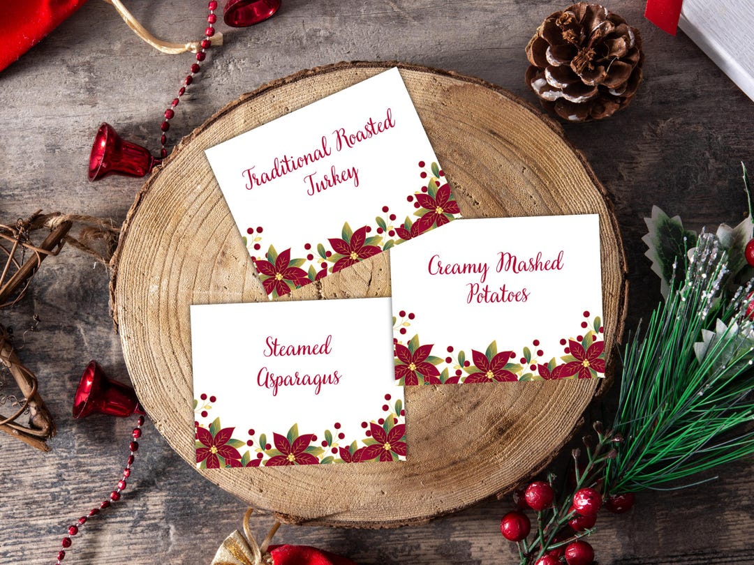 Editable Christmas Poinsettia Buffet Cards | Holiday Table Decor ...