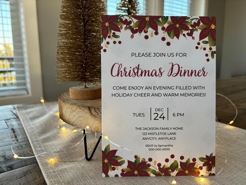 Editable Christmas Dinner Invitation Poinsettia Holiday Party Dinner ...