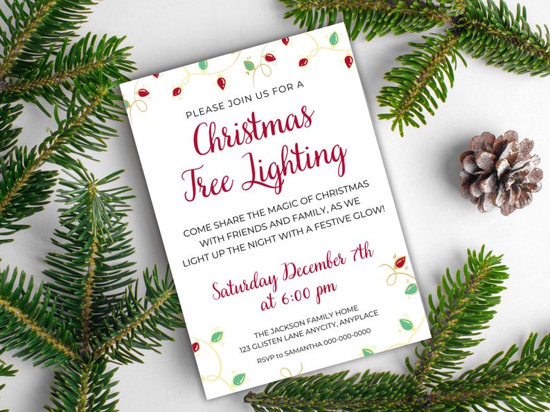 Editable Christmas Tree Lighting Invitation Simple Christmas Lights ...