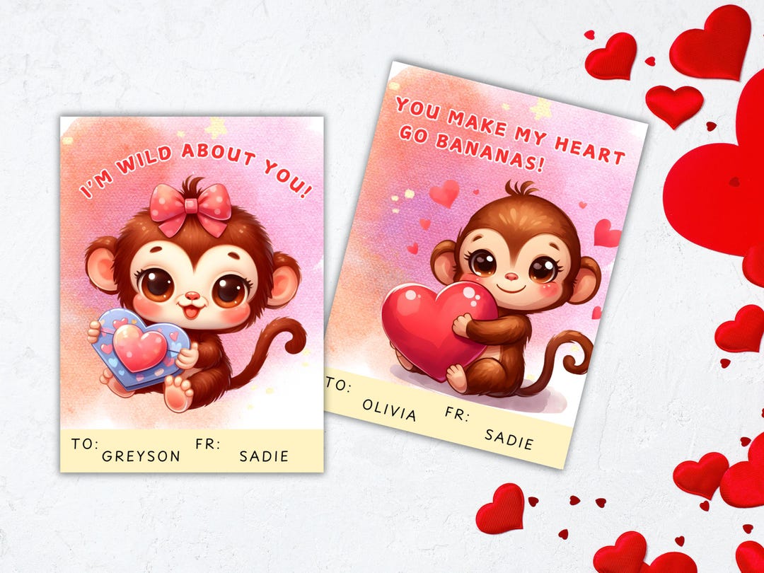 Editable Monkey Valentine Class Cards Printable Kids Exchange Cards ...