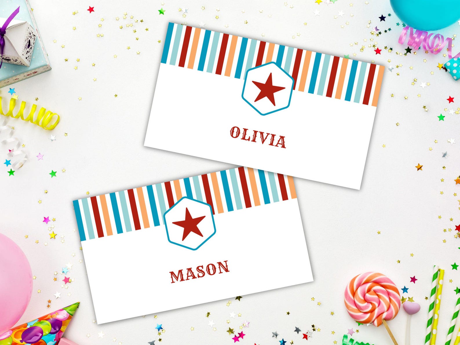 Editable Carnival Birthday Party Place Card Template, Retro Carnival ...