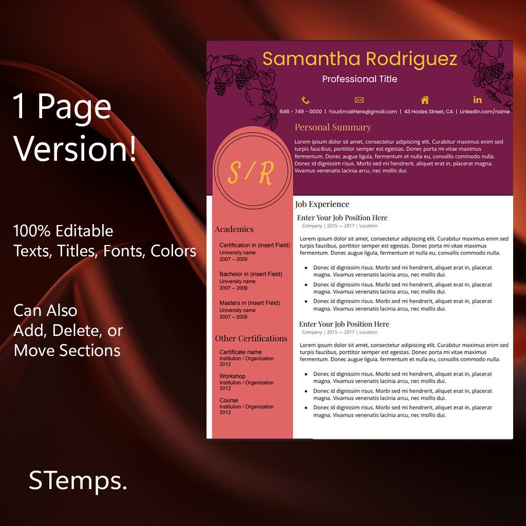 Silhouette Resume CV Template Google Docs Design With 1, 2, and 3 Page ...