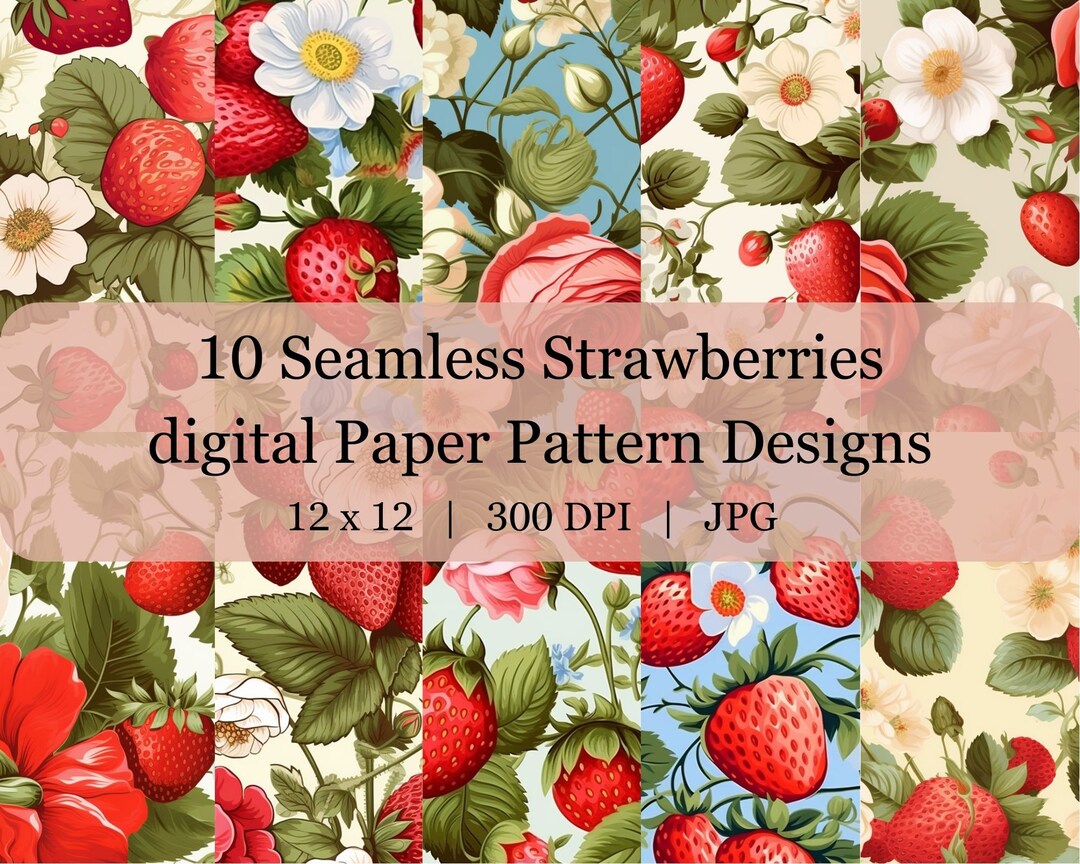 10 Seamless Strawberries Digital Transfer Paper, Adjustable Repeating ...