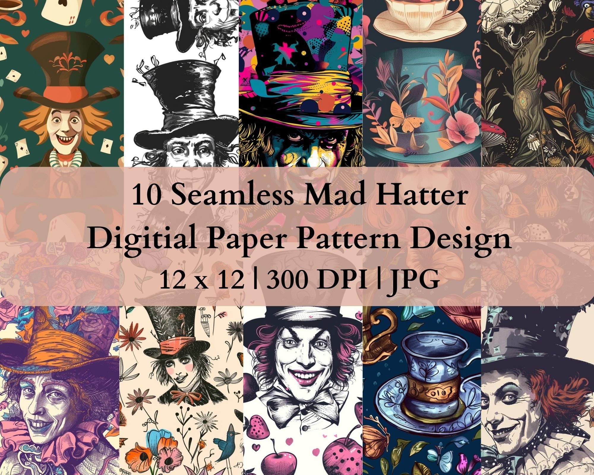 10 Seamless Mad Hatter Digital Transfer Paper, Adjustable Repeating ...