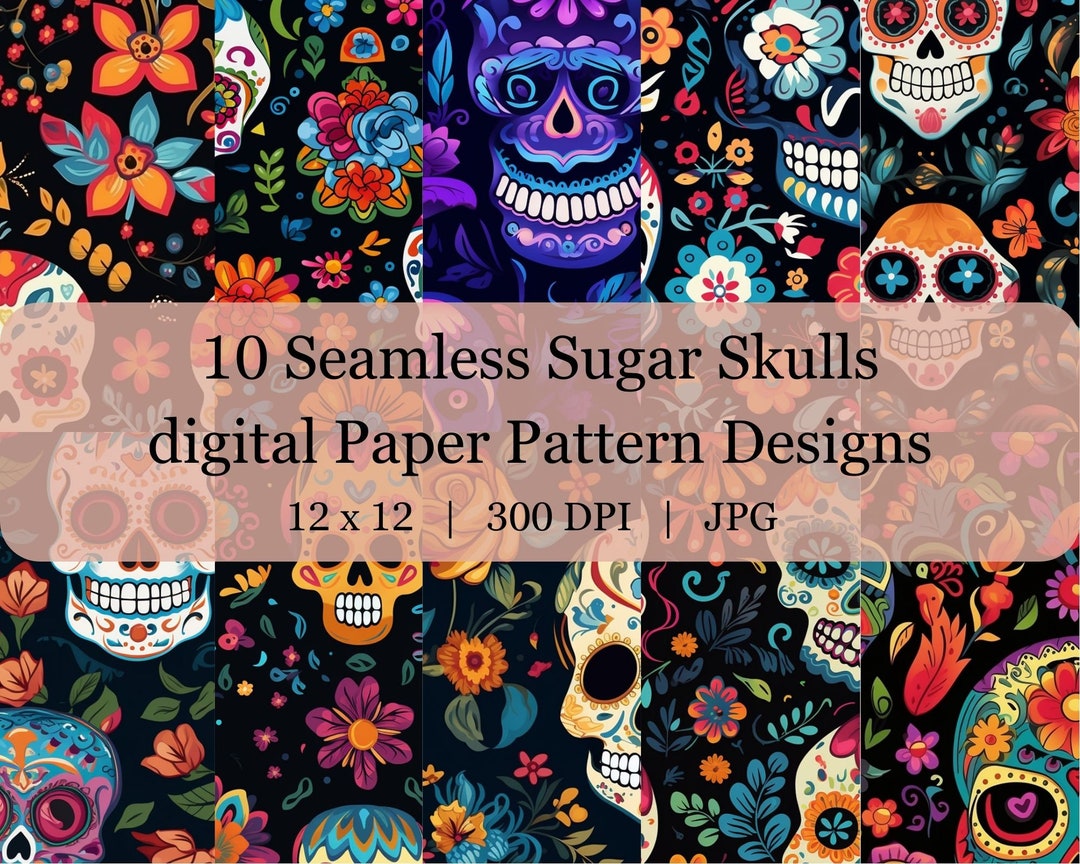 10 Seamless Sugar Skulls Digital Transfer Paper, Adjustable Repeating ...