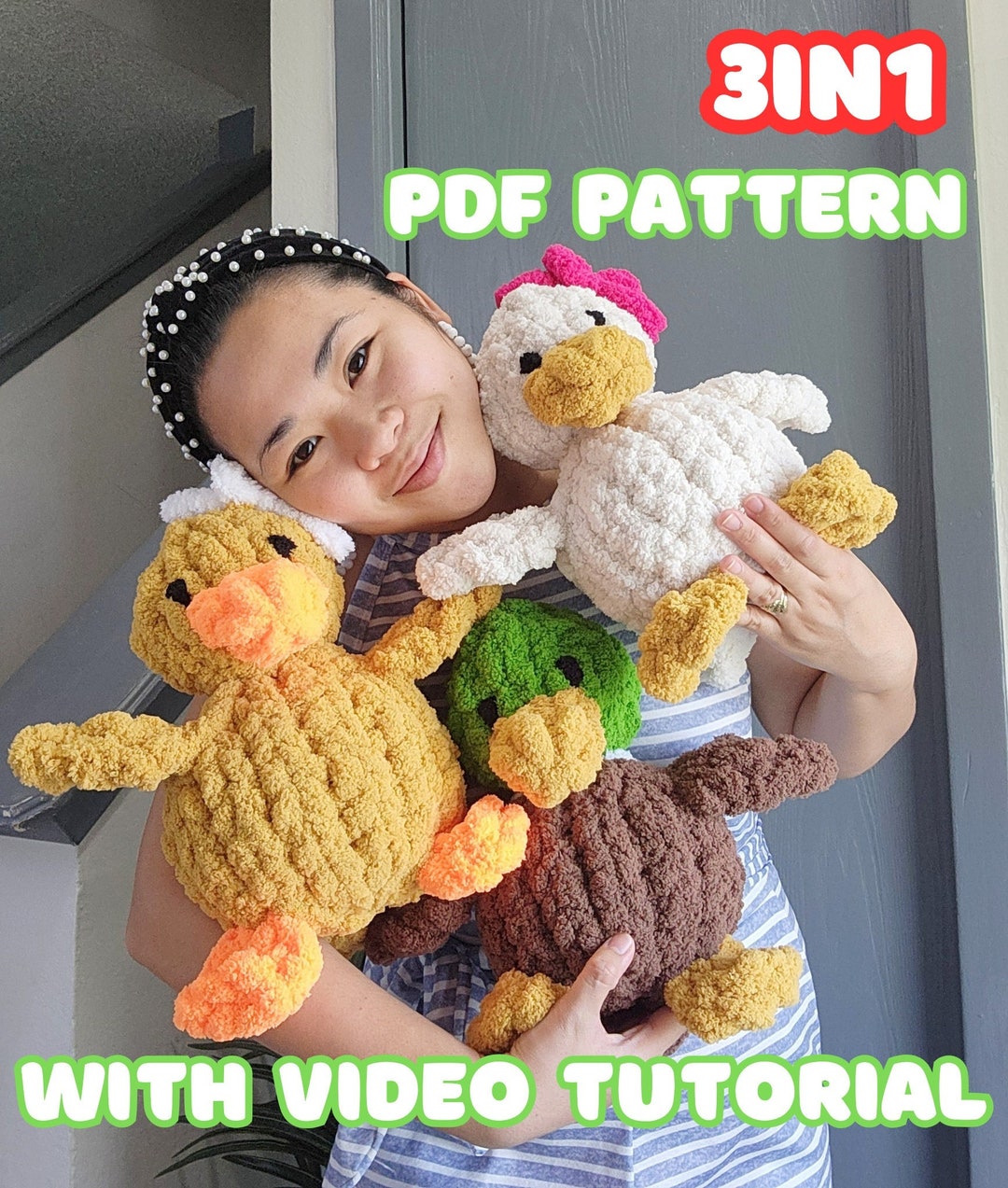 3in1 Duck Plushie Pattern With Video Tutorial Handknit Mallard White ...