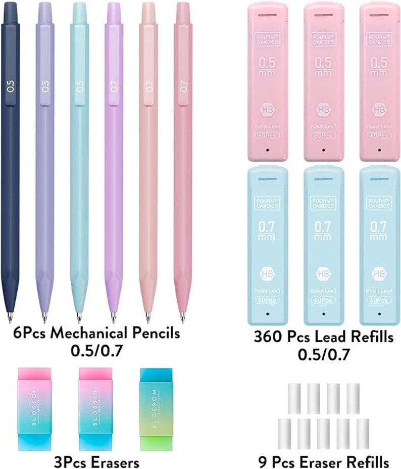 Pastel Mechanical Pencil Set: 0.5/0.7mm Lead, Erasers - Etsy