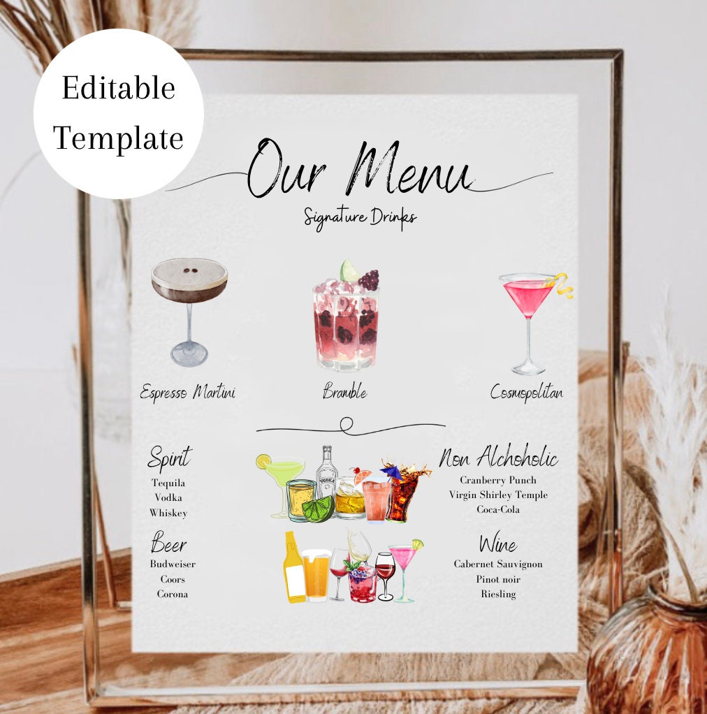 Signature Drink Bar Menu Template, Modern Editable Menu, Minimalist Printable, Drinks Sign ...