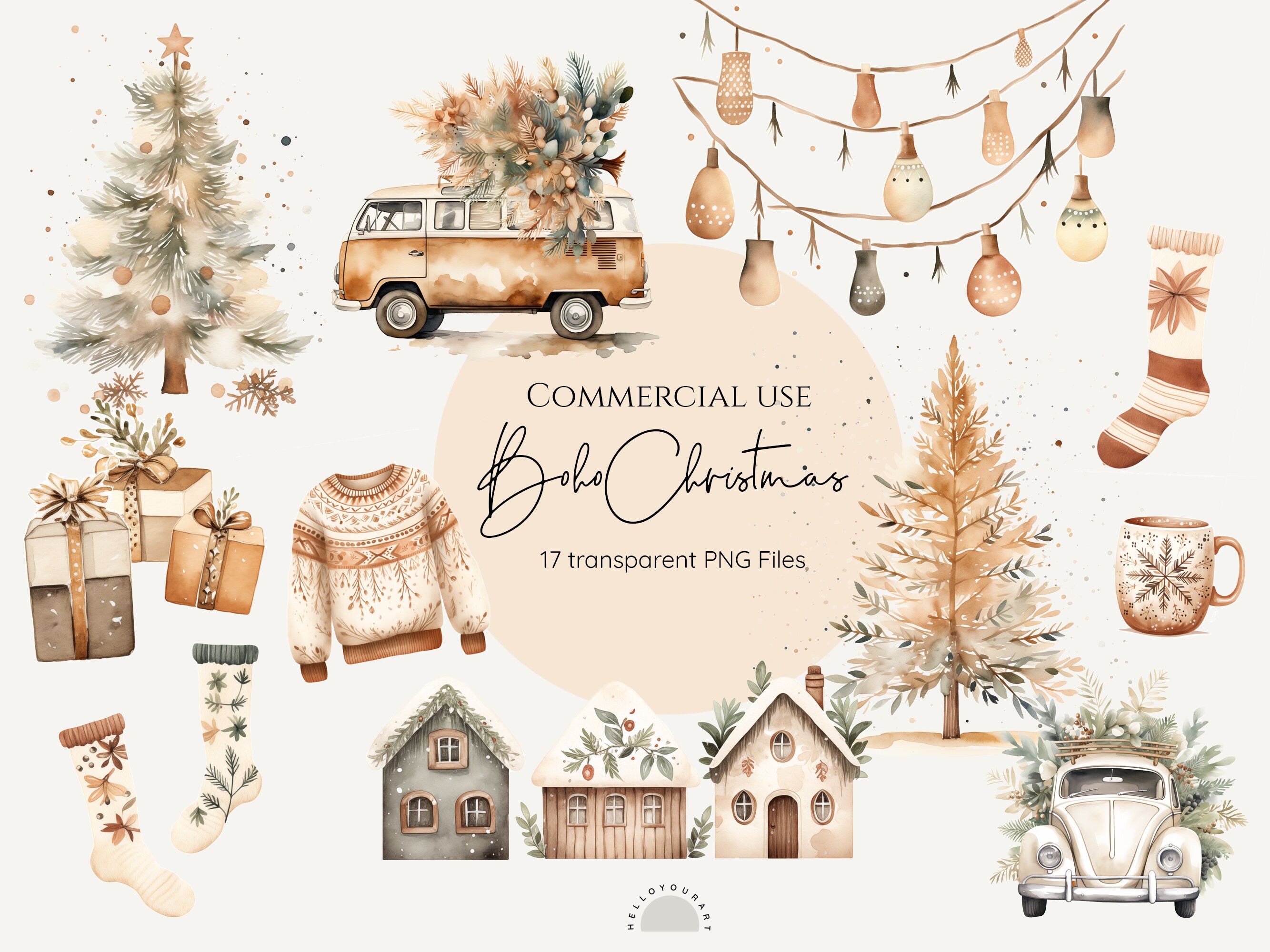 Boho Christmas Clipart Hygge Aquarell Png - Etsy