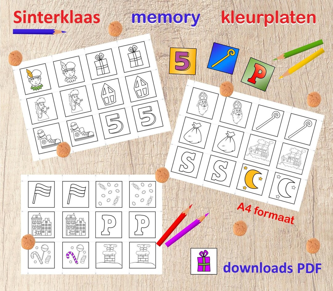 Sinterklaas Coloring Pages, Memory Game. Cheerful Game Cards. Print ...
