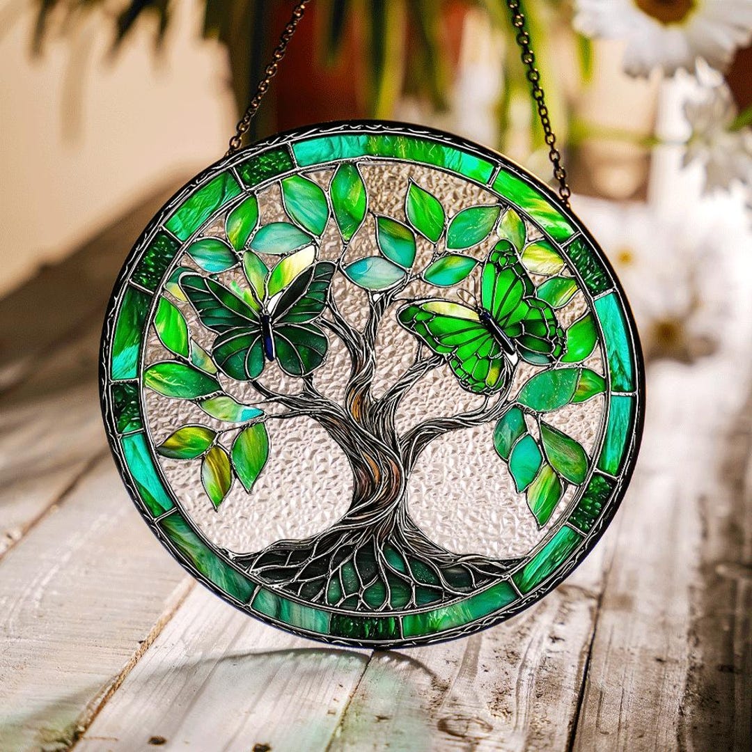 Tree of Life Suncatcher, Green Stained Glass Window Decor, Nature ...