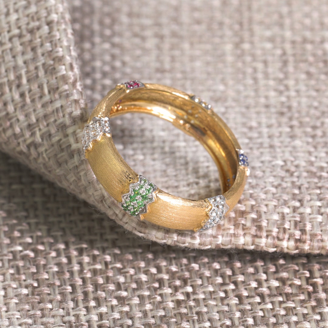 Ladies' 18K Gold Handmade Brushed Engagement Ring/surface Inlaid With Emerald Ring/ruby Sapphire ...